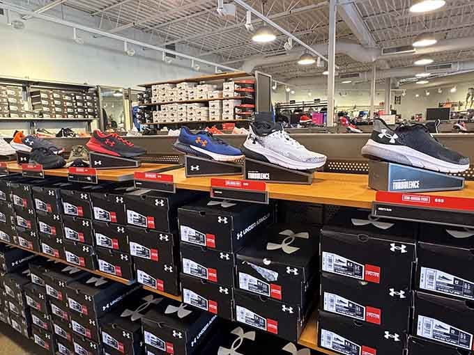 Under Armour shoes lined up like soldiers ready to march straight into your shopping cart and onto your feet.