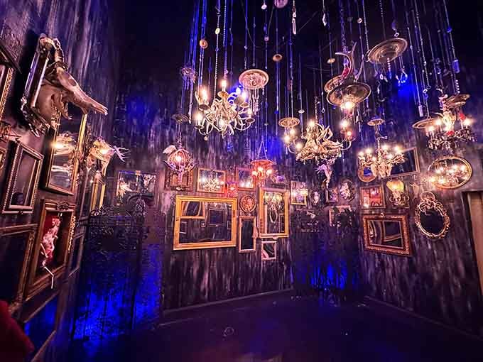 Chandeliers and mirrors create a scene fancy enough to make Liberace jealous.