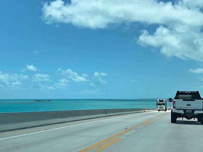 When the water on both sides of your car looks this blue, you start questioning whether regular highways were ever necessary.