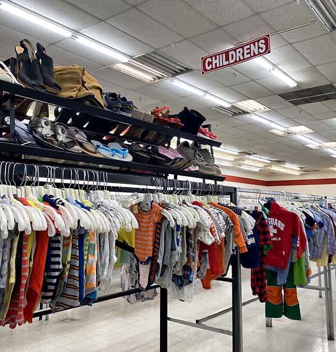 The children's section stretches on like a rainbow of tiny possibilities, all priced to keep parents sane.