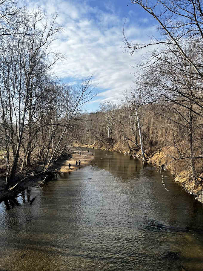 The Patapsco River flows like it's got all the time in the world, which is exactly the attitude you need here.