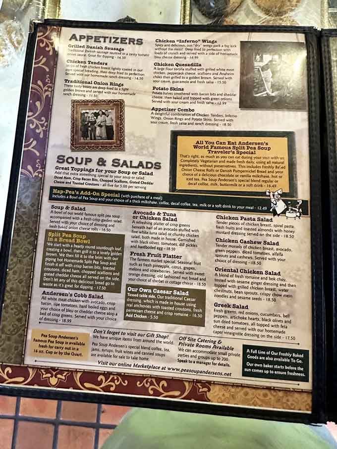 The menu offers everything from Danish sausage to chicken cashew salad, proving this place is more than pea soup.