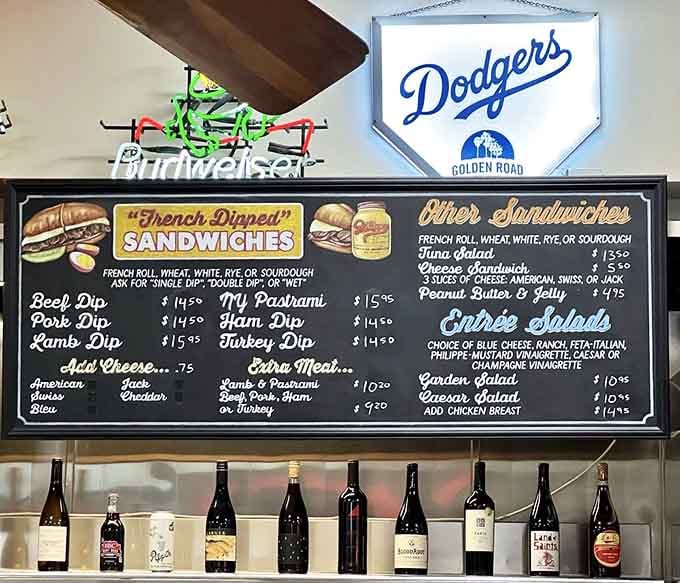 The menu board promises French dipped perfection while those wine bottles hint that Philippe's knows how to keep things classy, cafeteria-style.