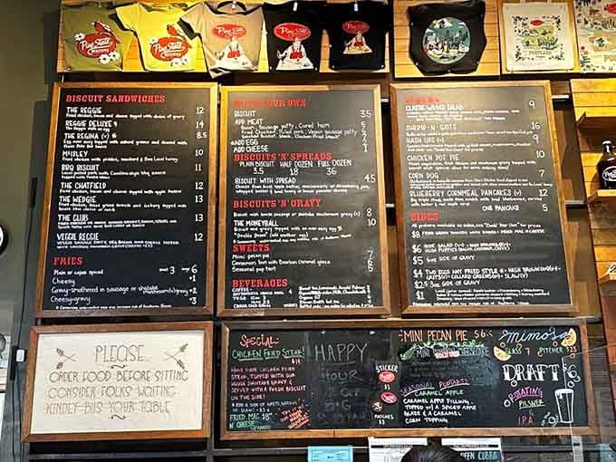 The menu boards promise biscuit sandwiches that'll make you question every breakfast decision you've ever made before.