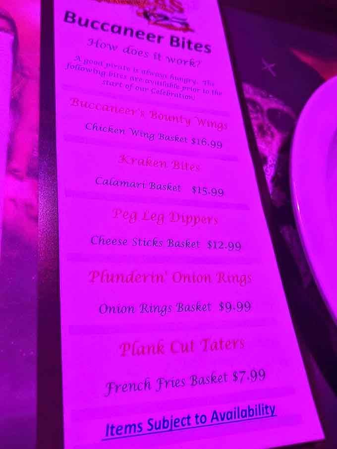 Even pirates need snacks, and this menu delivers everything from calamari to chicken wings for hungry buccaneers.