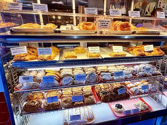 Three glorious shelves of carbs and dreams, organized like a library where every book is delicious and you can judge by covers.