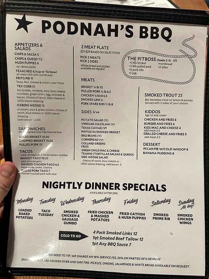 This menu reads like a love letter to Texas barbecue, complete with nightly specials worth planning your week around.