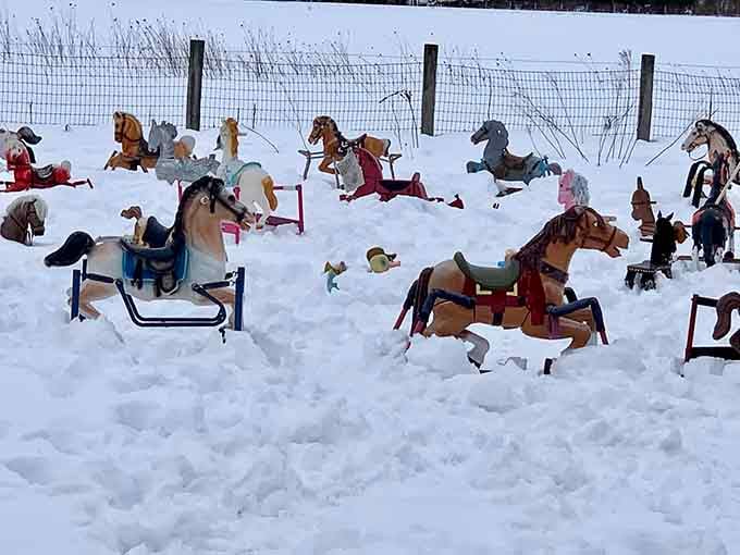 Winter transforms the herd into a frozen stampede, each horse eternally galloping through Massachusetts snow.