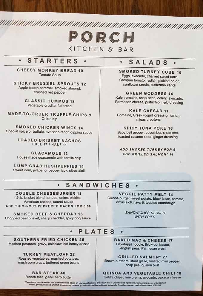 The menu at Porch Kitchen & Bar reads like a greatest hits album of American comfort cuisine.