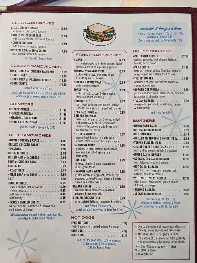 This menu requires stamina to read and willpower to choose, featuring everything from Cuban sandwiches to chicken and waffles.