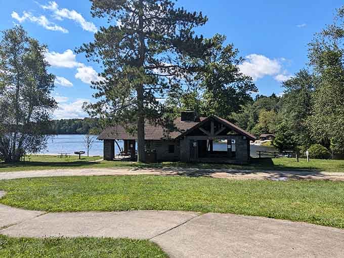 That rustic pavilion by the water is where picnic dreams come true, no fancy reservations required.