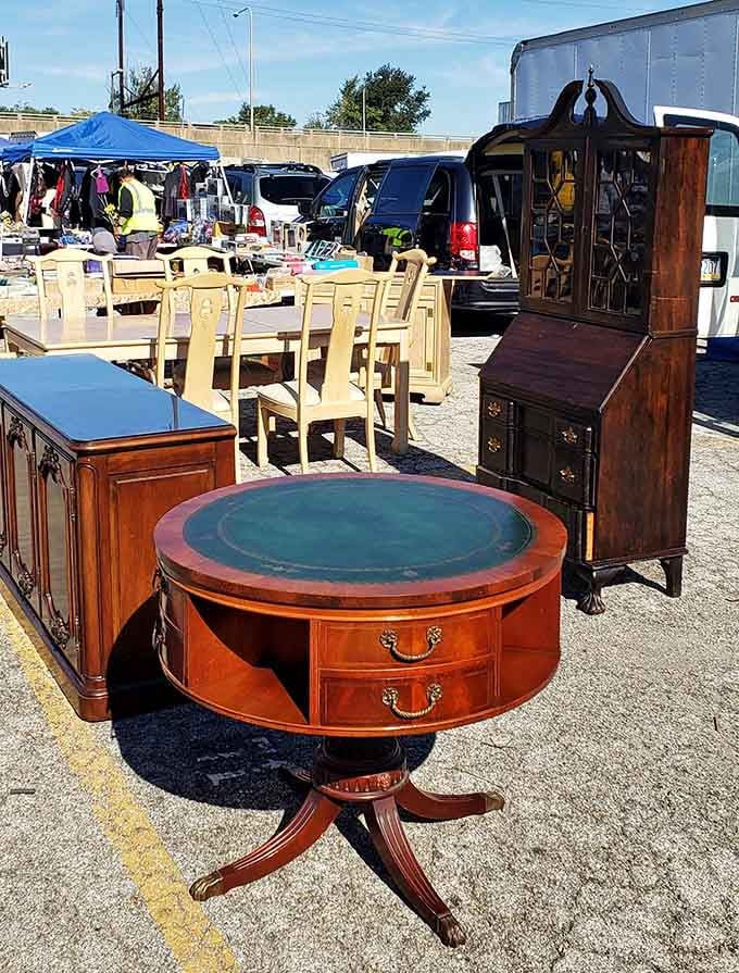 That round coffee table has more character than most people's entire living rooms, and it's probably a fraction of the cost.