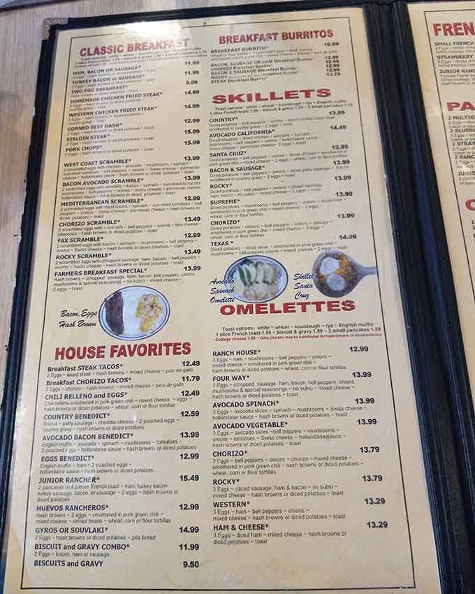 Scrambles, skillets, benedicts, oh my! This menu reads like a greatest hits album of American breakfast.