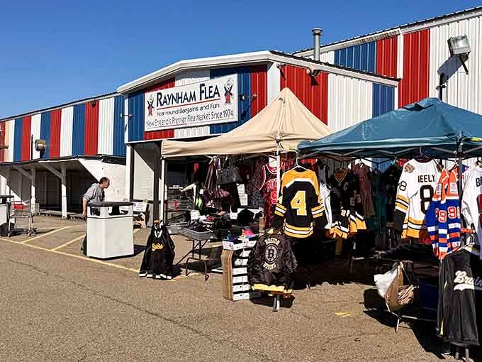 Sports jerseys hanging outside like flags of fandom, because every Bruins fan needs another Bobby Orr tribute.