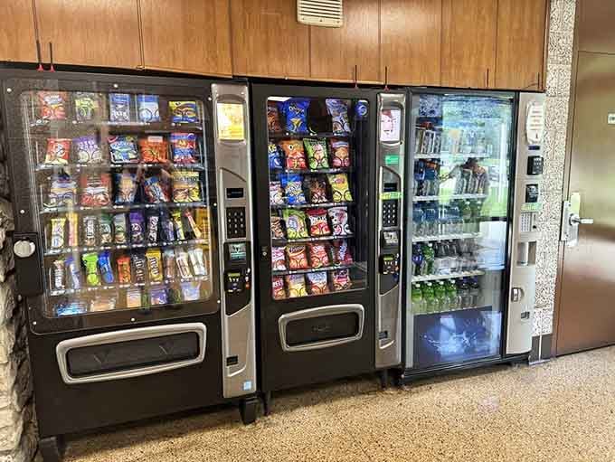 Vending machines that look like they belong in this decade, stocked and ready for your snack emergency.