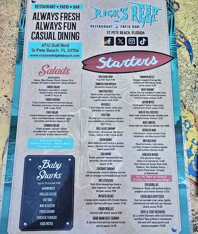 The menu promises "Always Fresh, Always Fun" and delivers on both with impressive seafood selections galore.