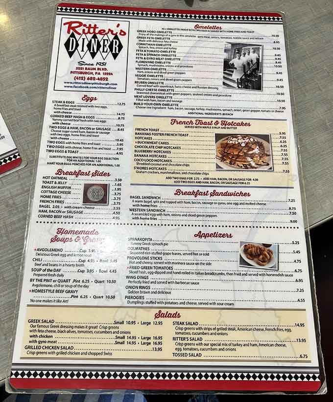 This menu reads like America's greatest hits, featuring everything from omelets to pierogies to coconut cream dreams.
