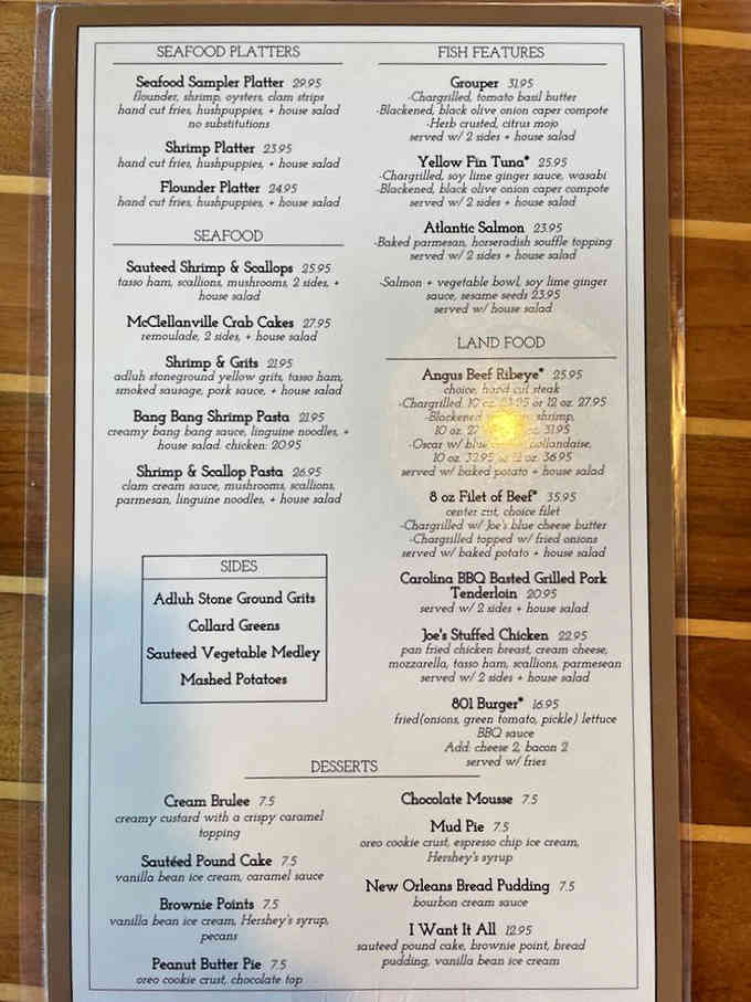 This menu reads like a love letter to the Lowcountry, with enough seafood options to make any pescatarian weep with joy.