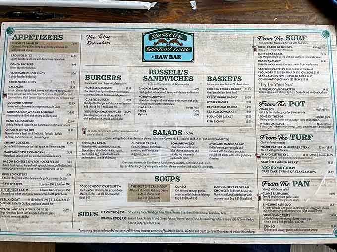 The menu reads like a greatest hits album of coastal cuisine, with options spanning from surf to turf.