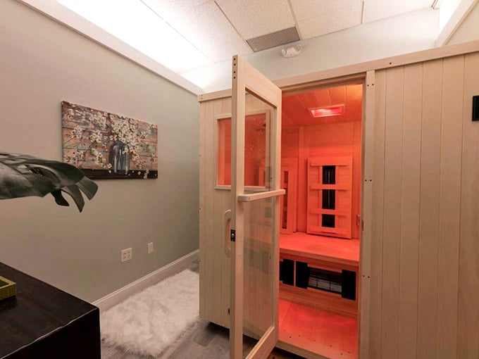 The infrared sauna glows like a cozy cabin, offering heat therapy without feeling like you're auditioning for a barbecue.