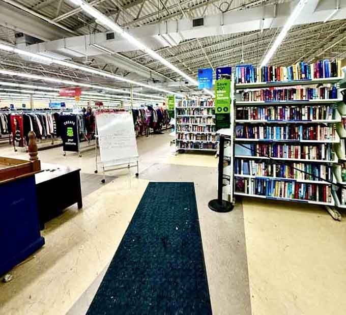 Rows stretching into the distance like a retail runway, proving organization and thrift shopping aren't mutually exclusive concepts.