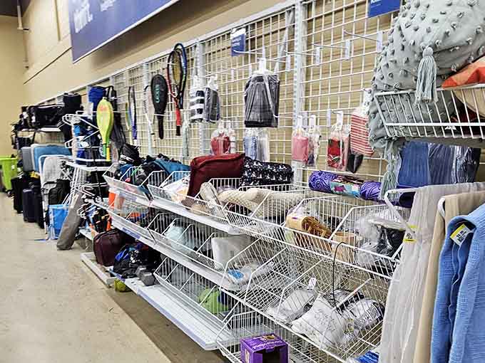 Purses, bags, and organizational dreams hang like a wall of possibilities waiting to solve your storage problems forever.