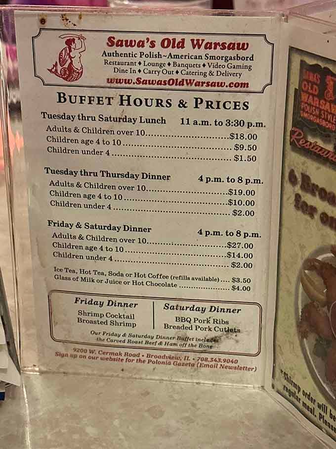 The buffet menu promises unlimited access to Polish classics, which is basically permission to eat your feelings.