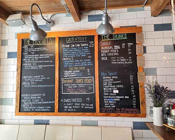 Chalkboard menus are where dreams are made, especially when those dreams involve gravy and multiple biscuit options.