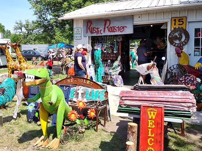 Colorful yard art and whimsical finds greet you at every turn, proving one person's clutter is another's garden masterpiece.