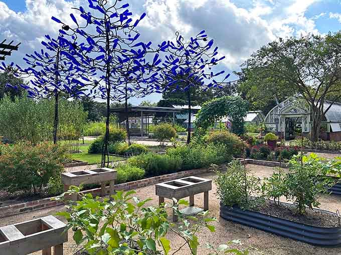 Those blue bottle trees aren't just garden art—they're Southern folk tradition meeting modern sustainability in the most Instagram-worthy way.