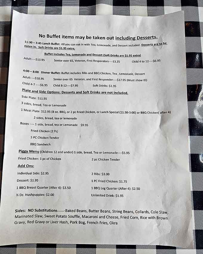 This menu is your roadmap to happiness, featuring everything from fall-off-the-bone ribs to Southern sides galore.