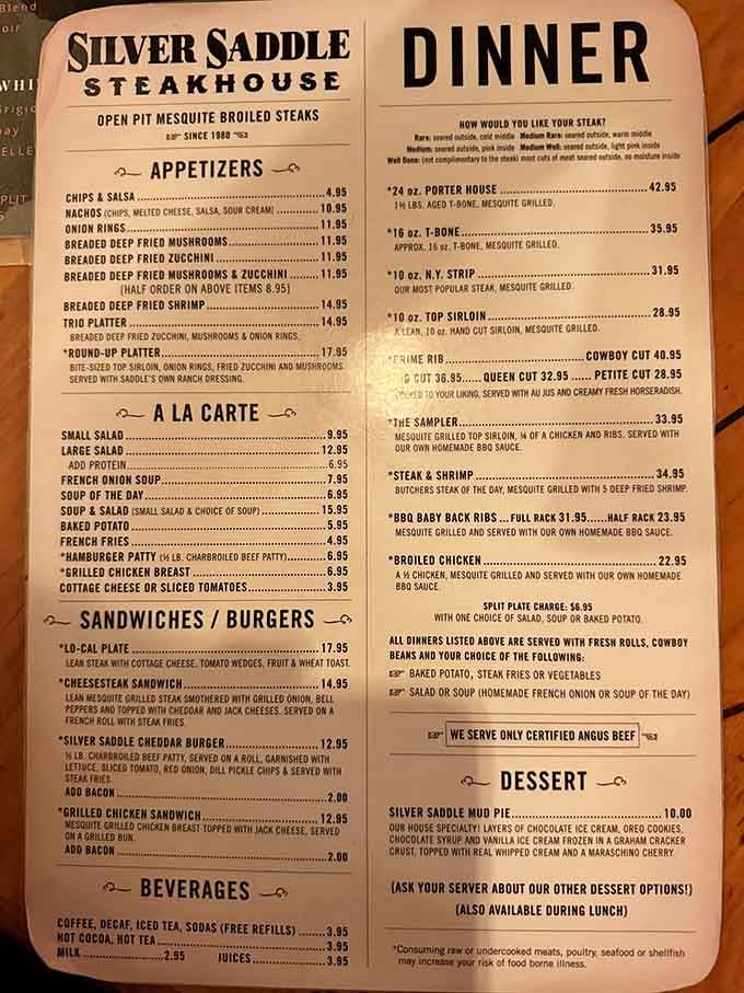 This menu reads like a love letter to beef, featuring every cut you could want cooked over open mesquite flames.