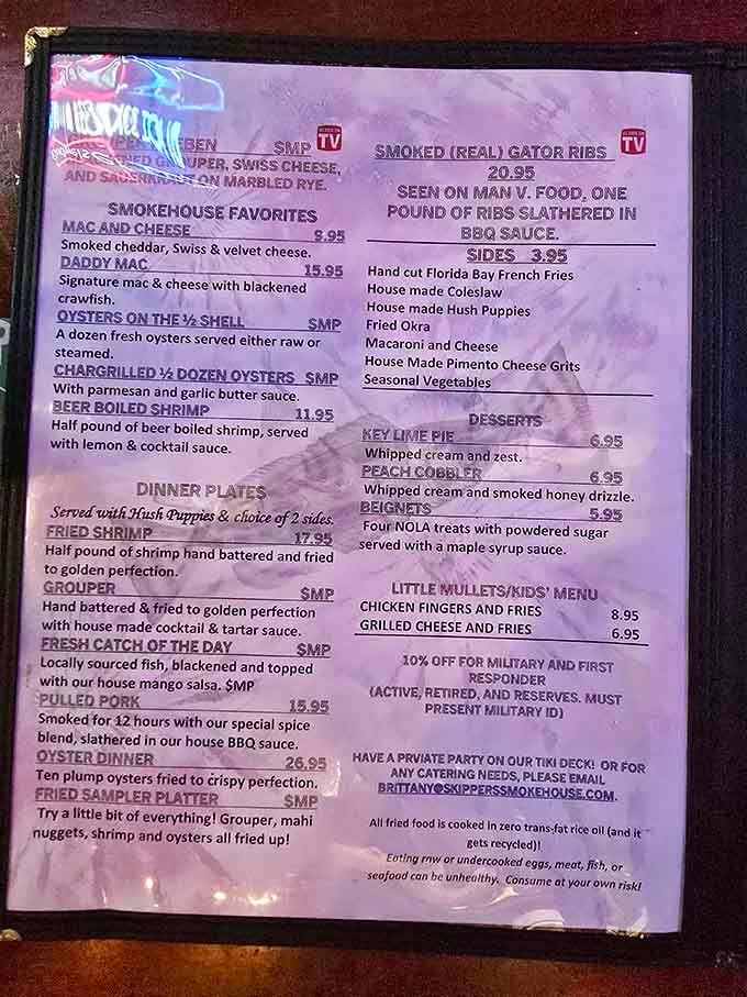 When a menu mentions gator ribs and oyster dinners, you know you've found authentic Florida dining done right.