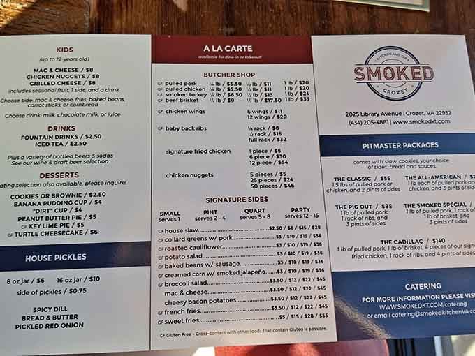 This menu reads like a barbecue lover's wish list, with everything from brisket to baby backs ready to order.