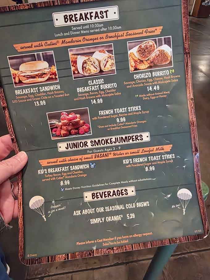 The breakfast menu proves that even firefighting aviators need their morning fuel, and so do you.