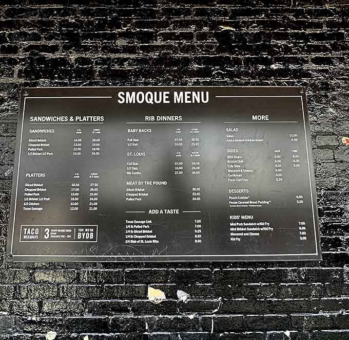 Every sandwich and platter option displayed clearly because choosing between brisket and ribs should be your only difficult decision.