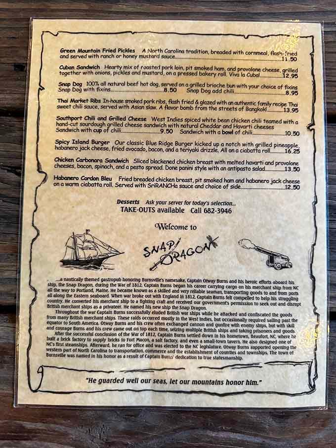 This menu tells Captain Burns's whole seafaring saga while you're deciding between ribs and pickles.