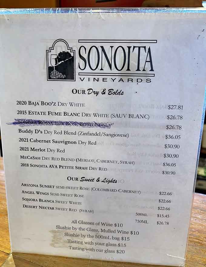 This menu reads like a love letter to Arizona viticulture, offering everything from bold reds to sweet delights.