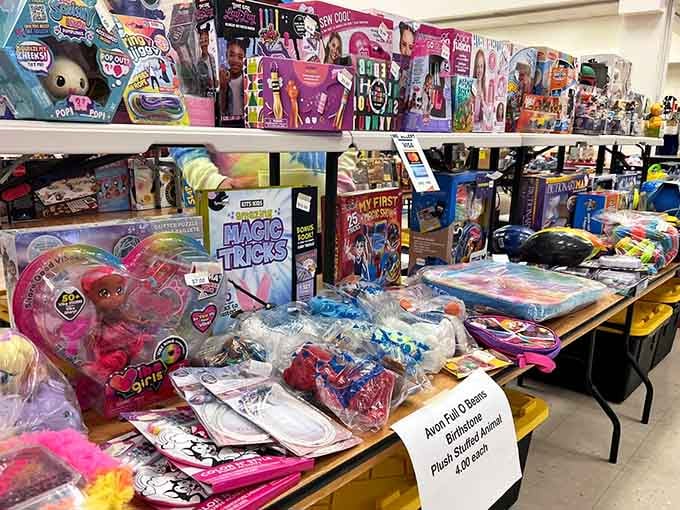 Modern toys share space with nostalgic finds, creating a multigenerational playground of childhood memories.