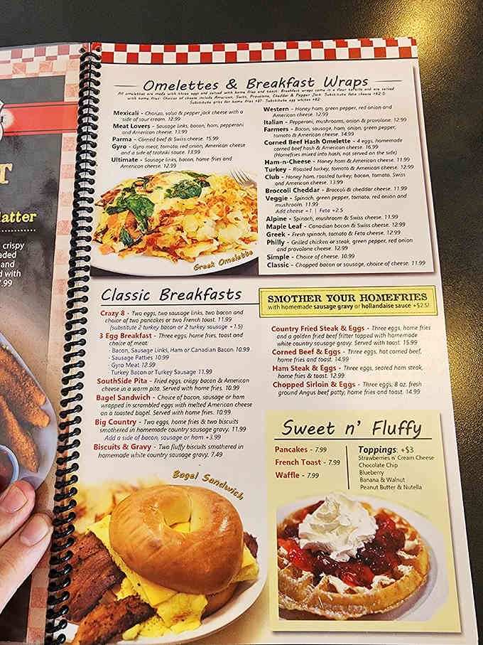 This menu reads like a love letter to breakfast, offering more omelette options than most people have life decisions.