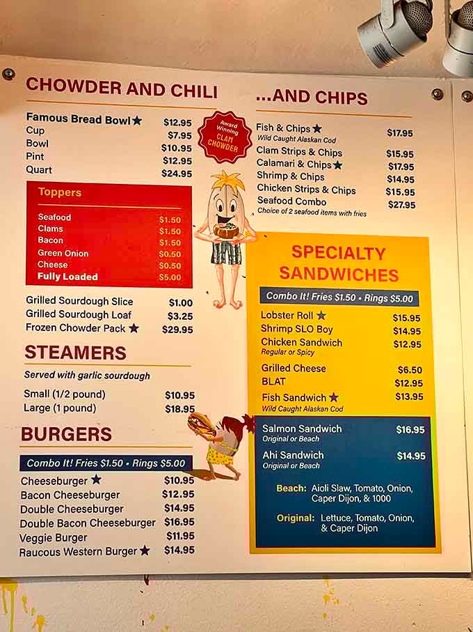 This menu is a masterclass in coastal comfort food, from famous bread bowls to burgers that satisfy every craving.