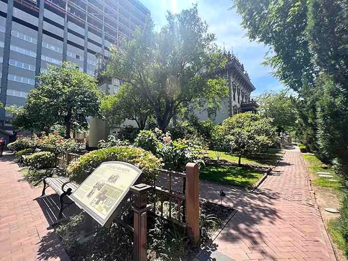 Tree-lined walkways and manicured gardens provide the perfect decompression zone after your historical time travel adventure.