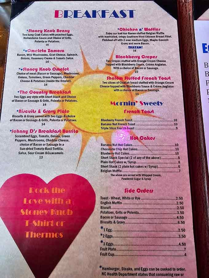 This menu promises everything from crab cakes to chicken and waffles, because choosing just one breakfast style is overrated.