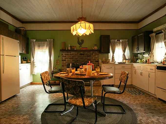 Stepping into the Byers' dining room feels like a total 1980s time capsule. That retro wallpaper and cozy kitsch vibe!