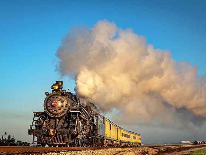 Billowing clouds of steam announce the Sugar Express like nature's own special effects department showing off.