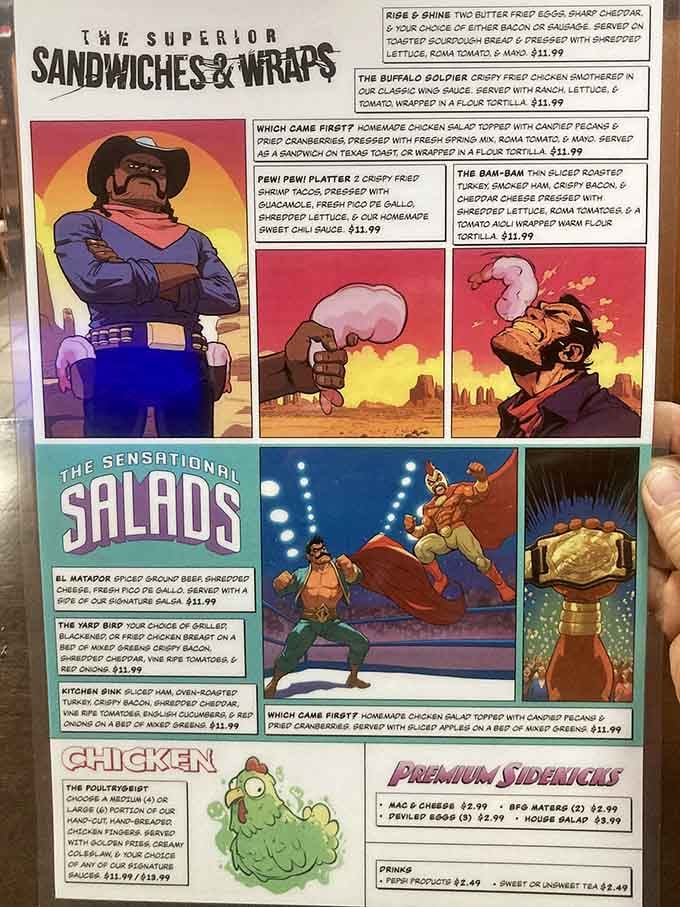 The menu reads like a graphic novel, making ordering almost as entertaining as the meal itself.