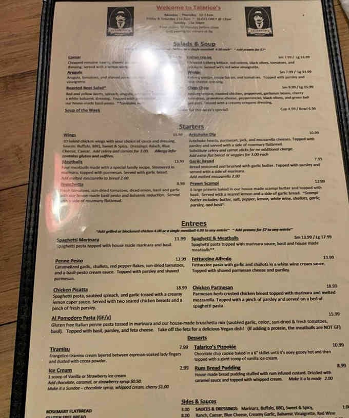 The menu at Talarico's reads like a love letter to carbs, with options that'll make your diet cry.