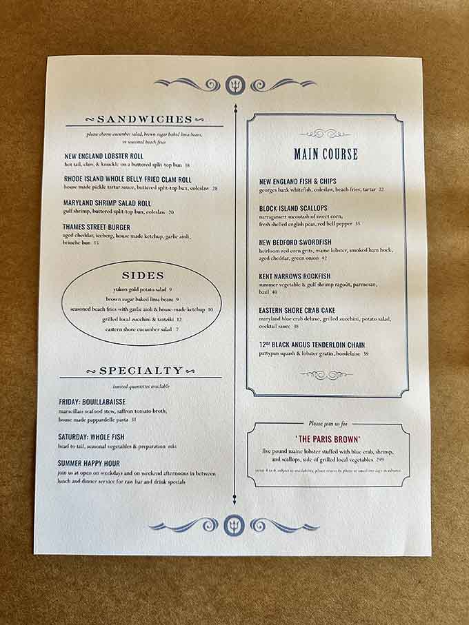 This menu reads like a love letter to New England and the Chesapeake, with every item worth serious consideration.
