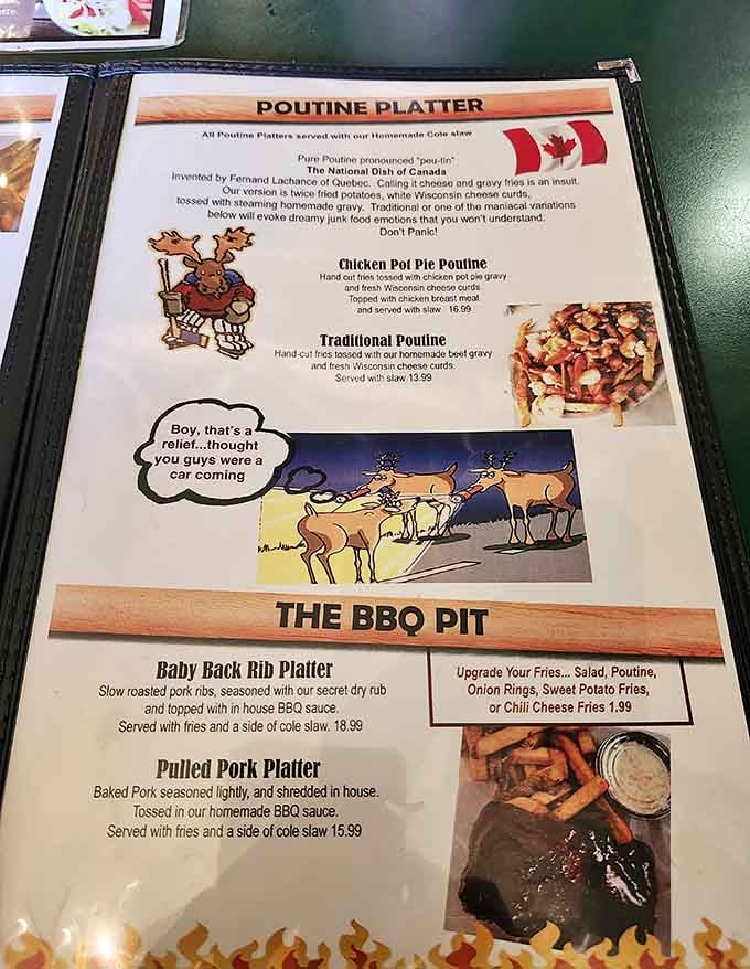 The menu comes with cartoon moose commentary, because even the wildlife here has opinions about your dinner choices.