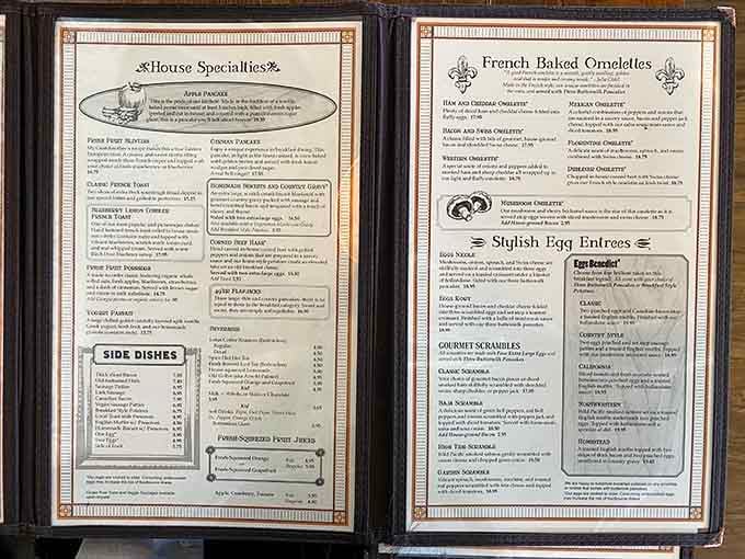 This menu reads like a love letter to breakfast, with French baked omelets stealing the show.